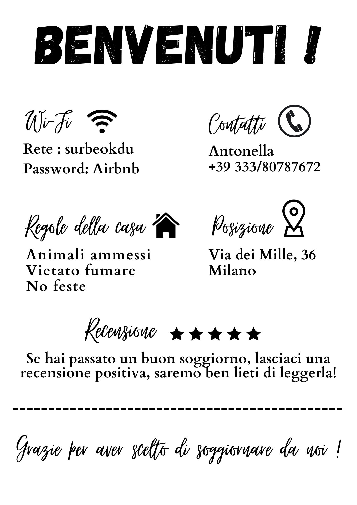 Airbnb messaggio per ospiti italiano, Insegna di benvenuto, Info wifi,Per casa in affitto ...