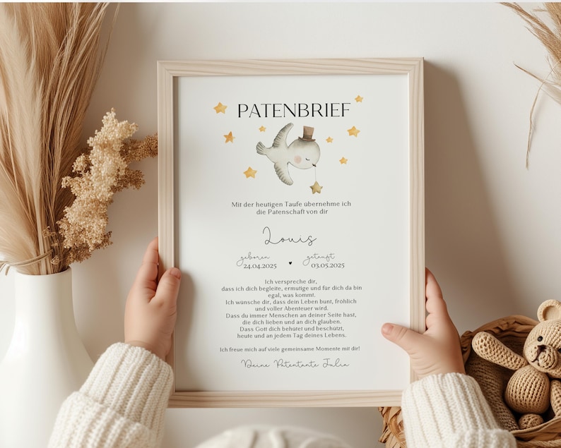 Personalized Baptism Certificate Bird Motif Stars, Godchild Poster ...