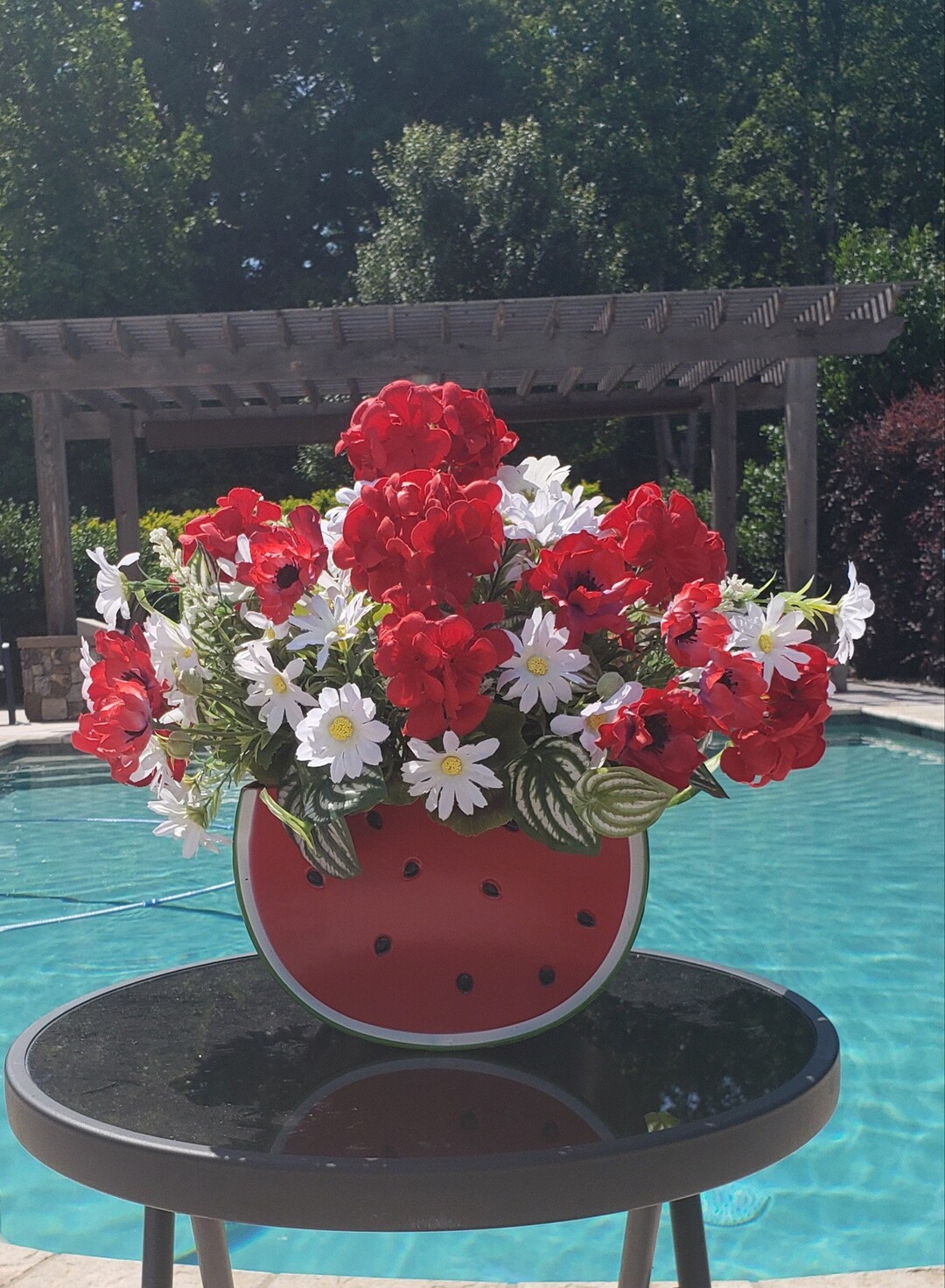 Watermelon Centerpiece With Faux Red Geraniums and White Daisies ...