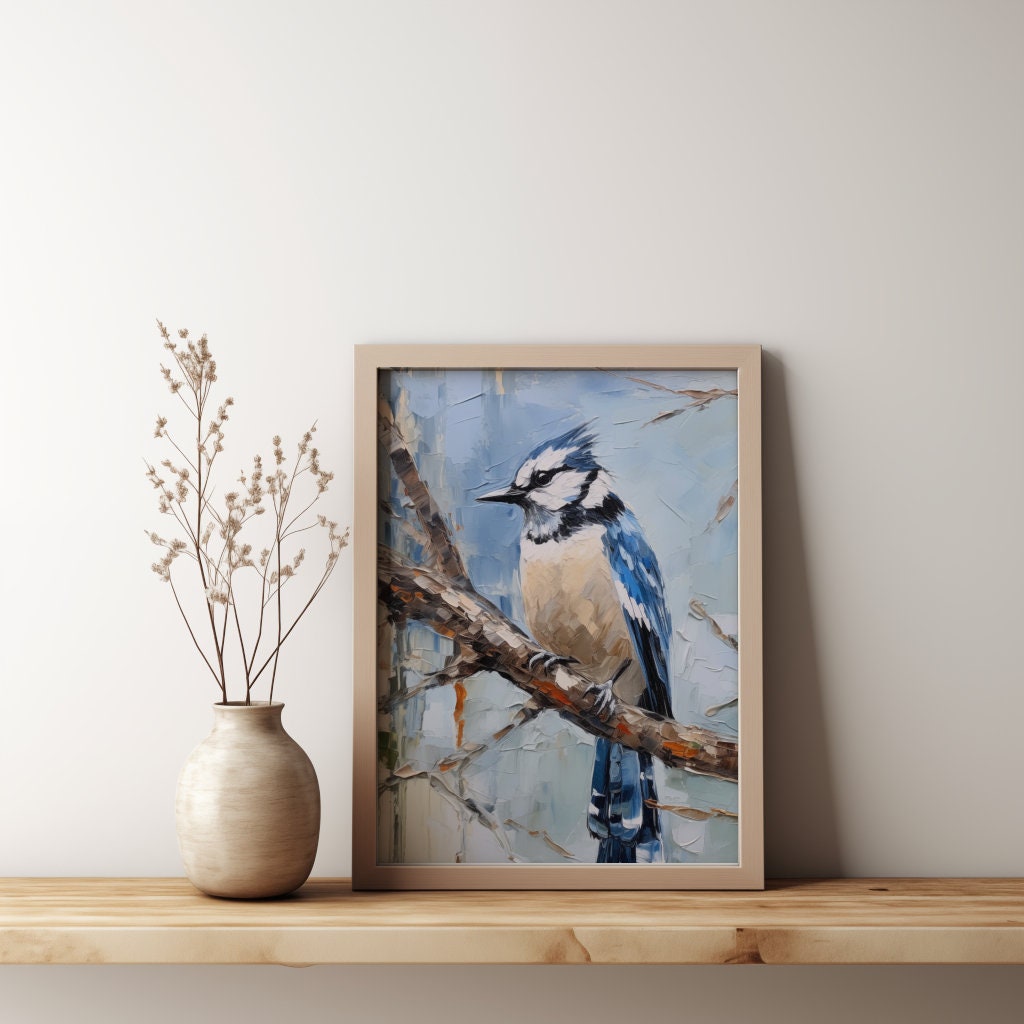 Wall Art, Bluejay Print, Birding, Oil Painting, Bird in a Tree, Back ...