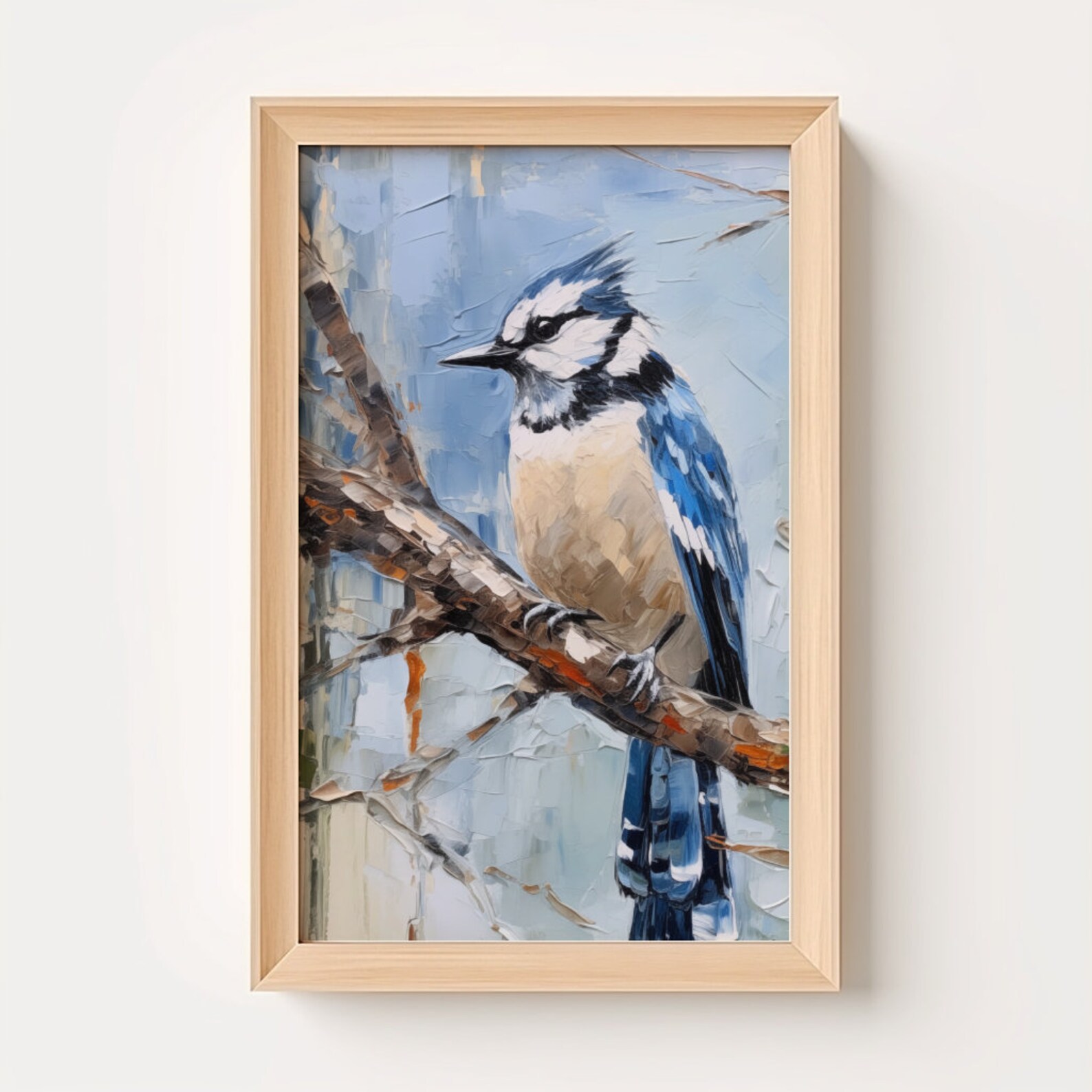 Wall Art, Bluejay Print, Birding, Oil Painting, Bird in a Tree, Back ...