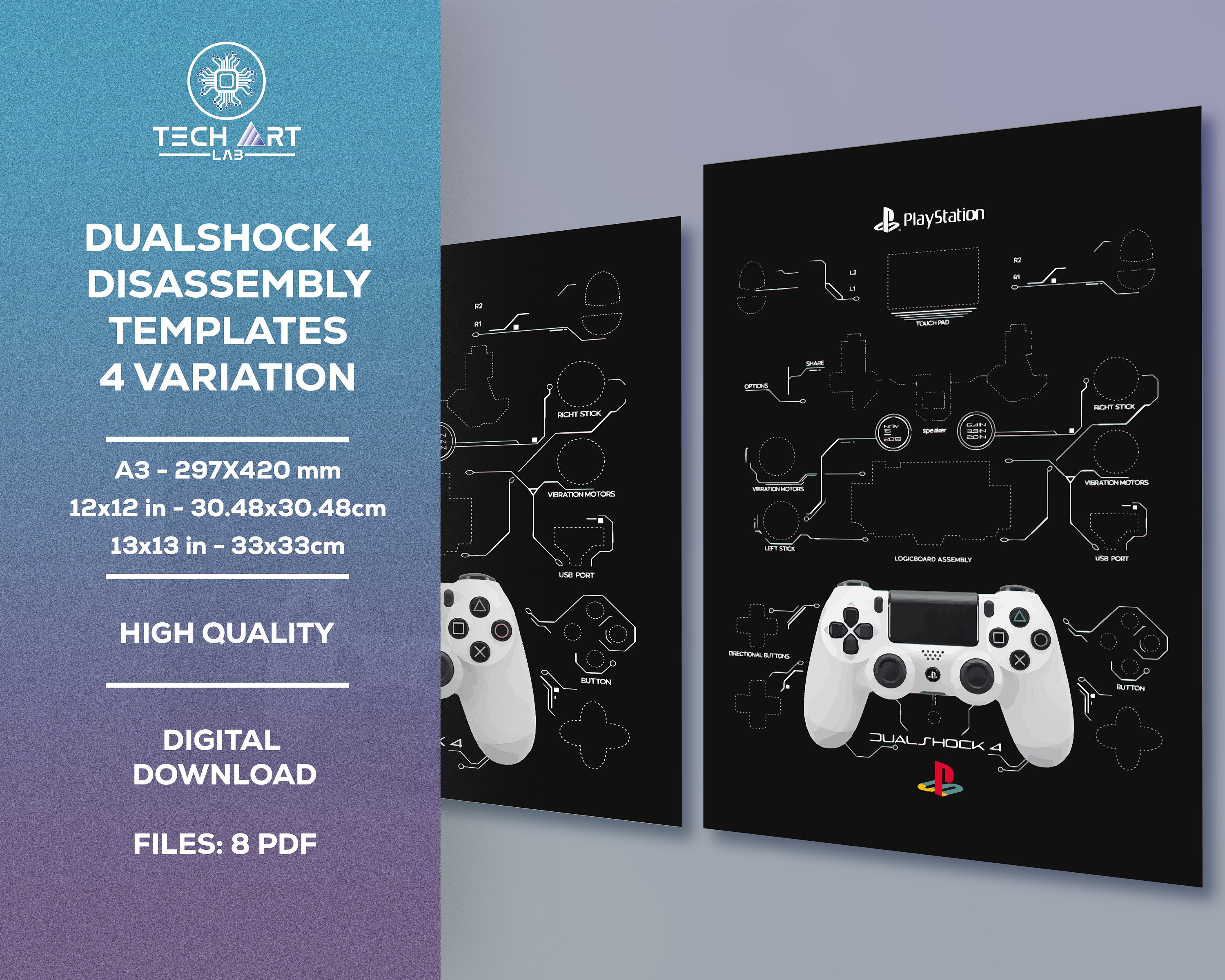 Sony Playstation Dualshock 4 Black Controller Teardown Template |A3 ...