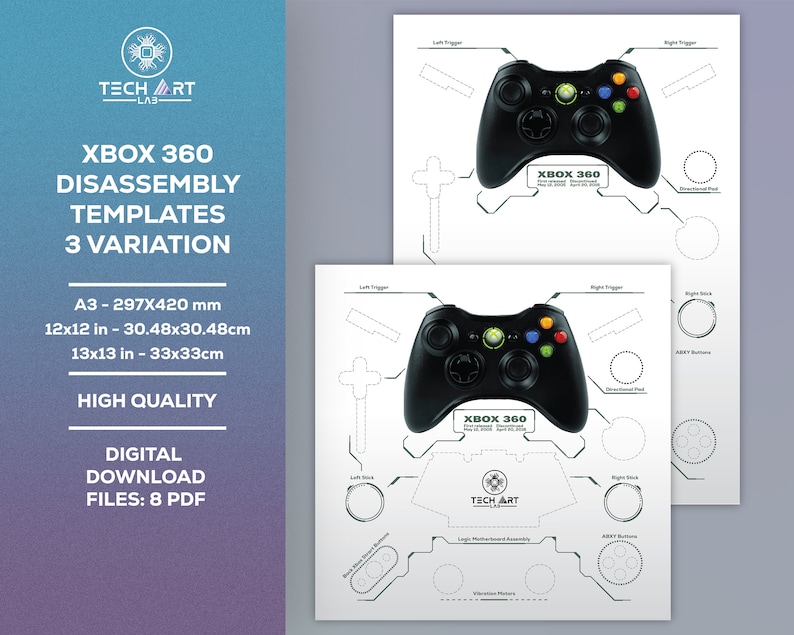 Xbox 360 Controller Teardown Template | A3, 12x12in, 13x13in ...