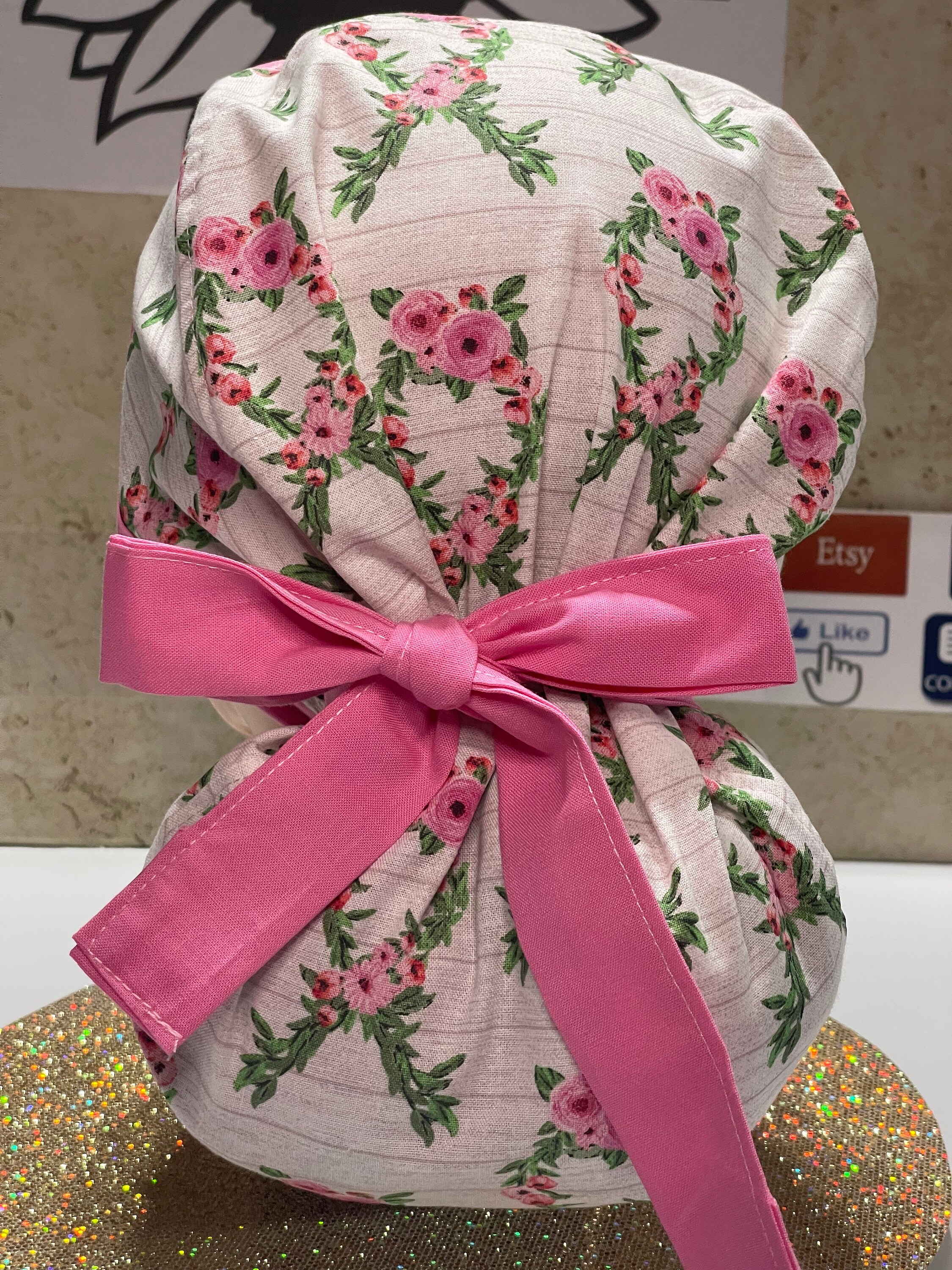 Pink Ribbon Flower Ponytail Hat, Strong Women Hat, Scrub Caps, Surgical ...