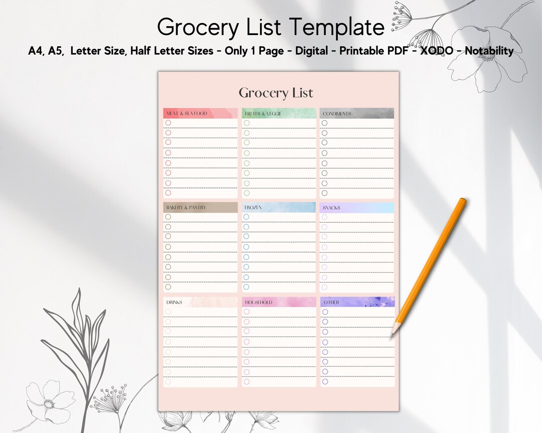 Simple Grocery List Template Printable, Food Shopping List, Grocery ...