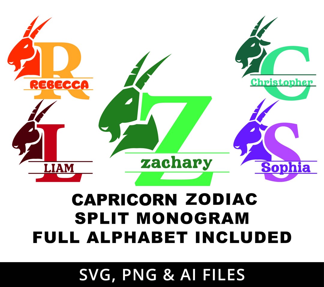 Split Monogram Alphabet SVG, Zodiac Star Sign Files, Capricorn Initials ...