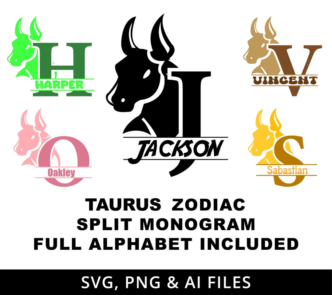 Split Monogram Alphabet SVG, Zodiac Taurus Initials PNG, Star Sign ...