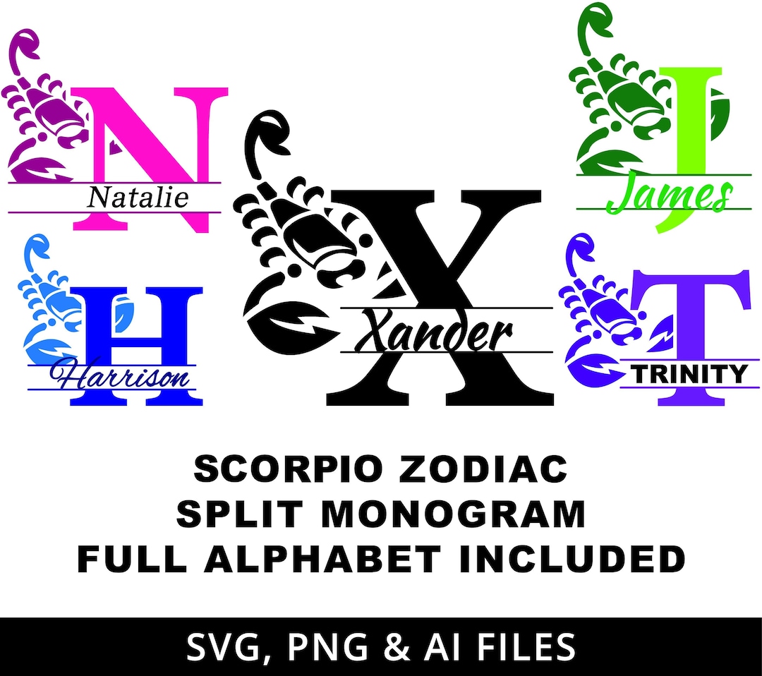 Split Monogram Alphabet SVG, Zodiac Star Sign Files, Scorpio Initials ...