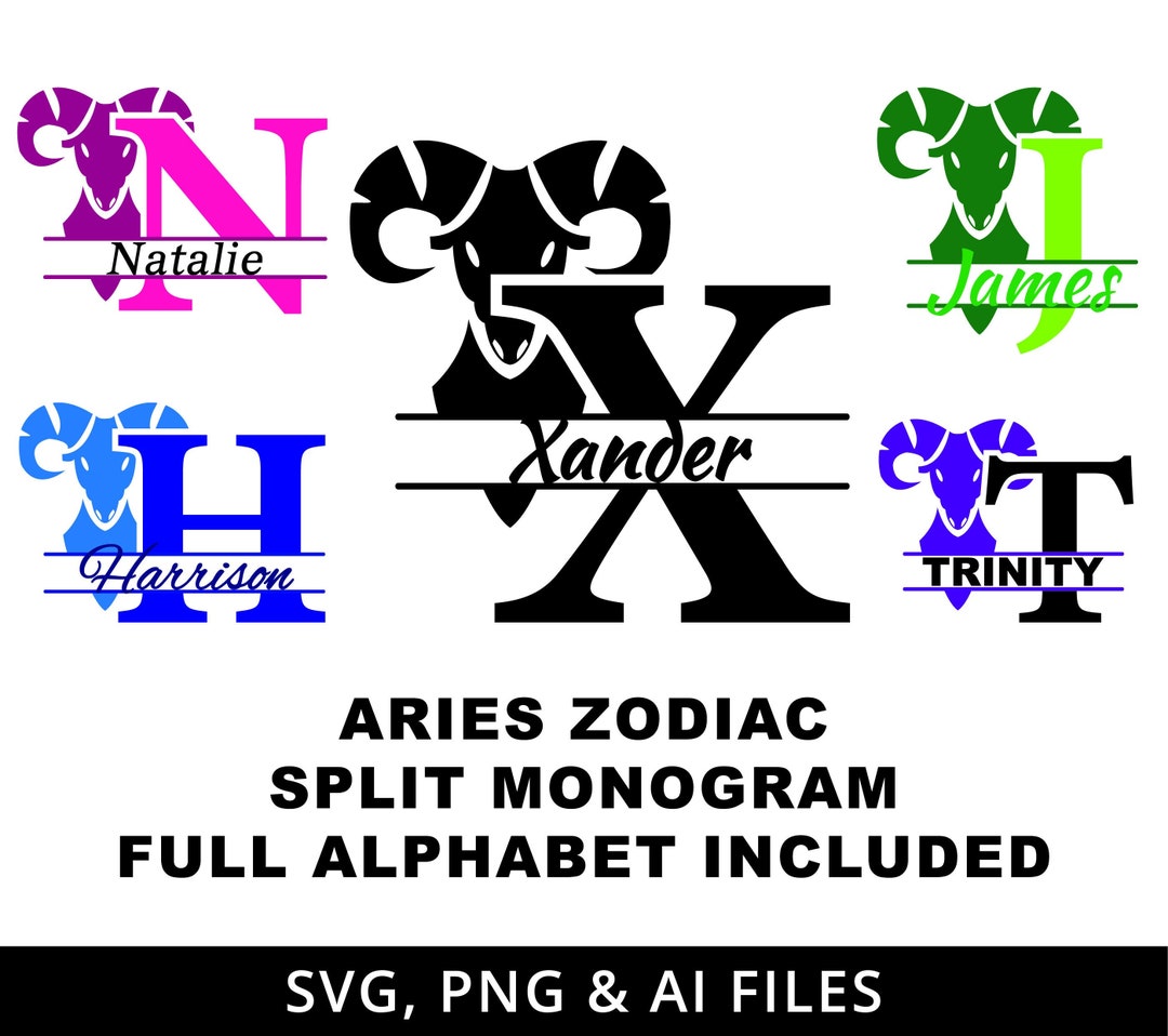 Split Monogram Alphabet SVG, Zodiac Star Sign Files, Aries Initials ...