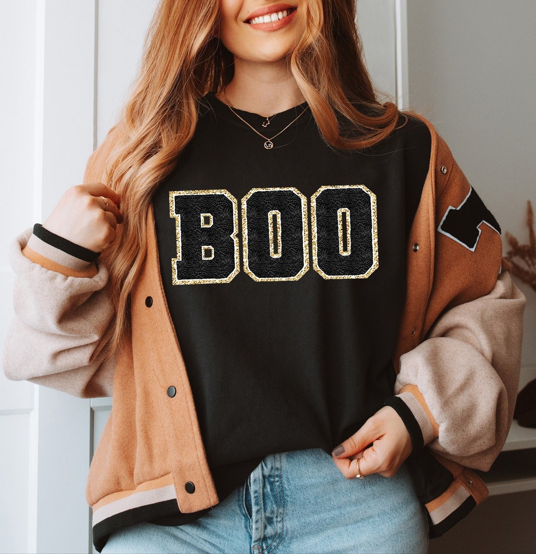 Cute BOO Halloween Sweatshirt Gold Glitter Chenille Patch - Etsy