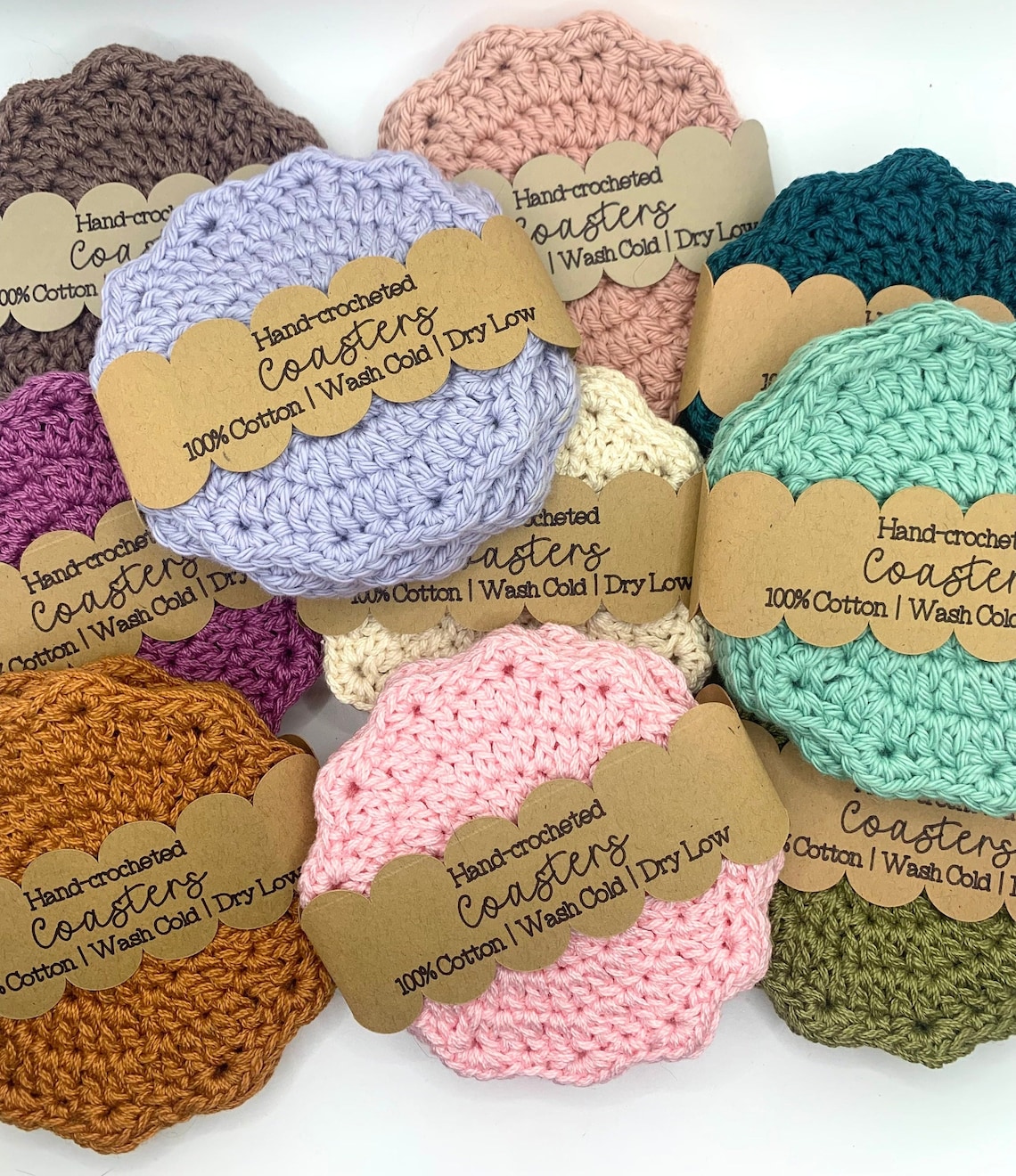 Set of 4 Coasters 100% Cotton Washable Hand Crocheted Textured Crochet ...