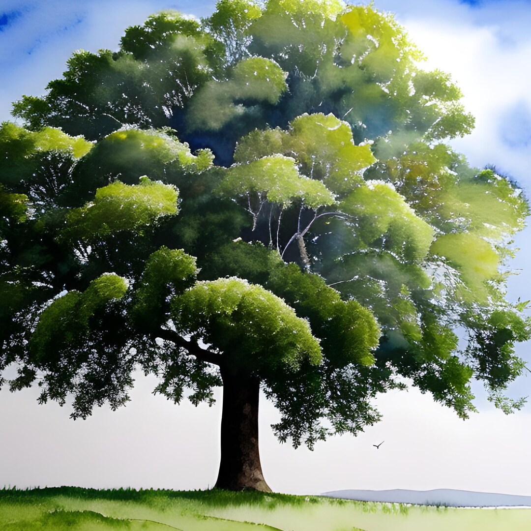 Majestic Oak: Digital Watercolor Tree Print - Nature Wall Art, Oak Tree ...
