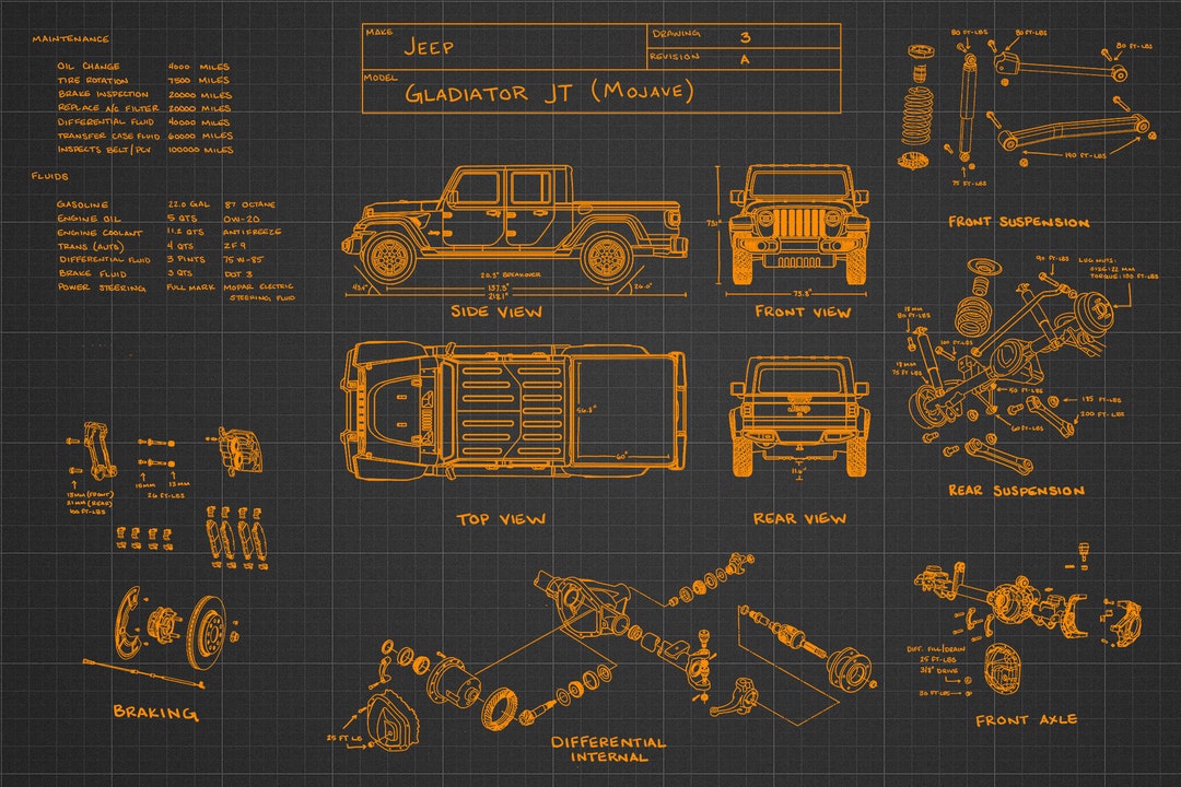 Jeep Black/orange Custom Blueprint Poster (24"x36") - Etsy