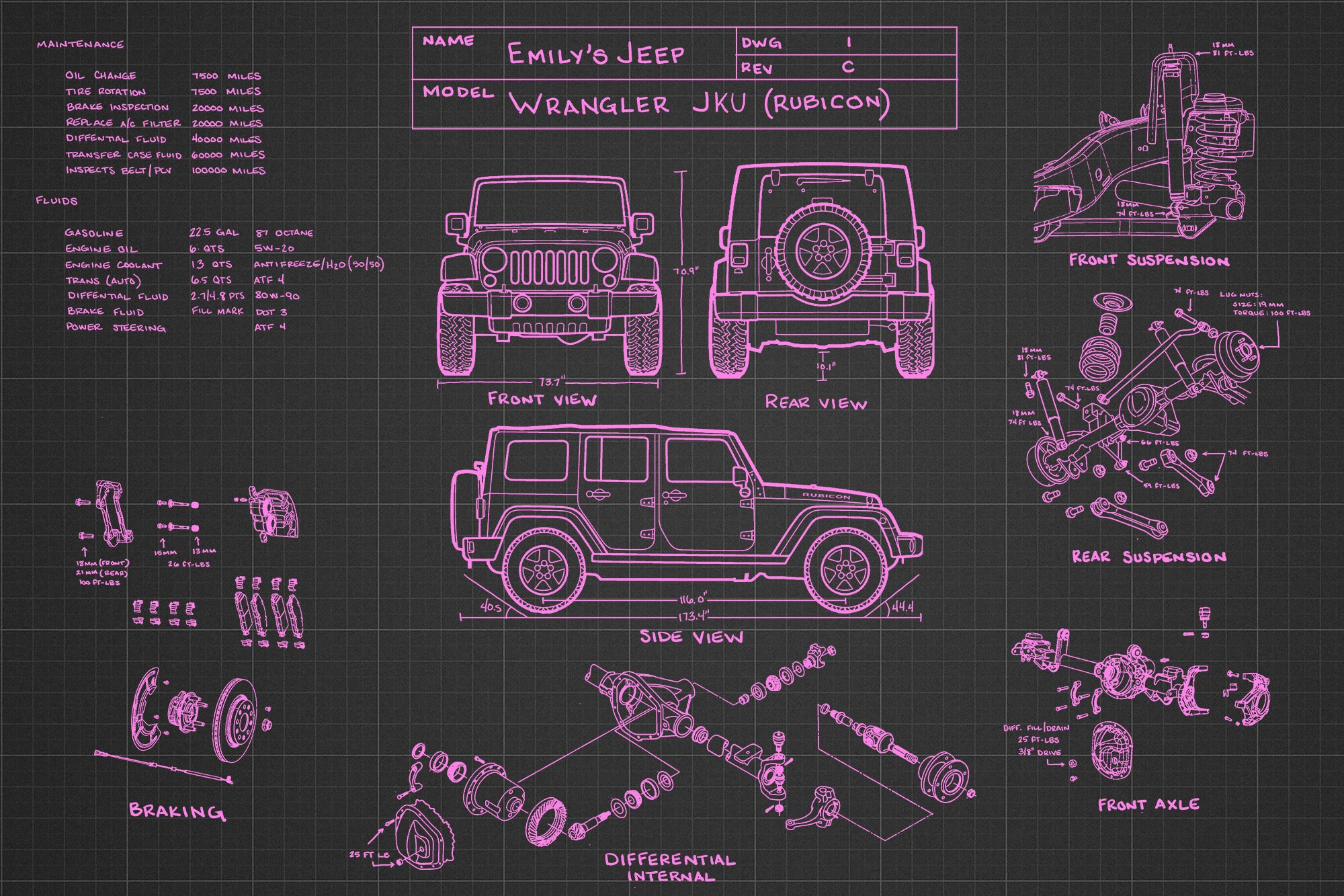 Jeep Black/pink Custom Blueprint Poster 24x36 - Etsy