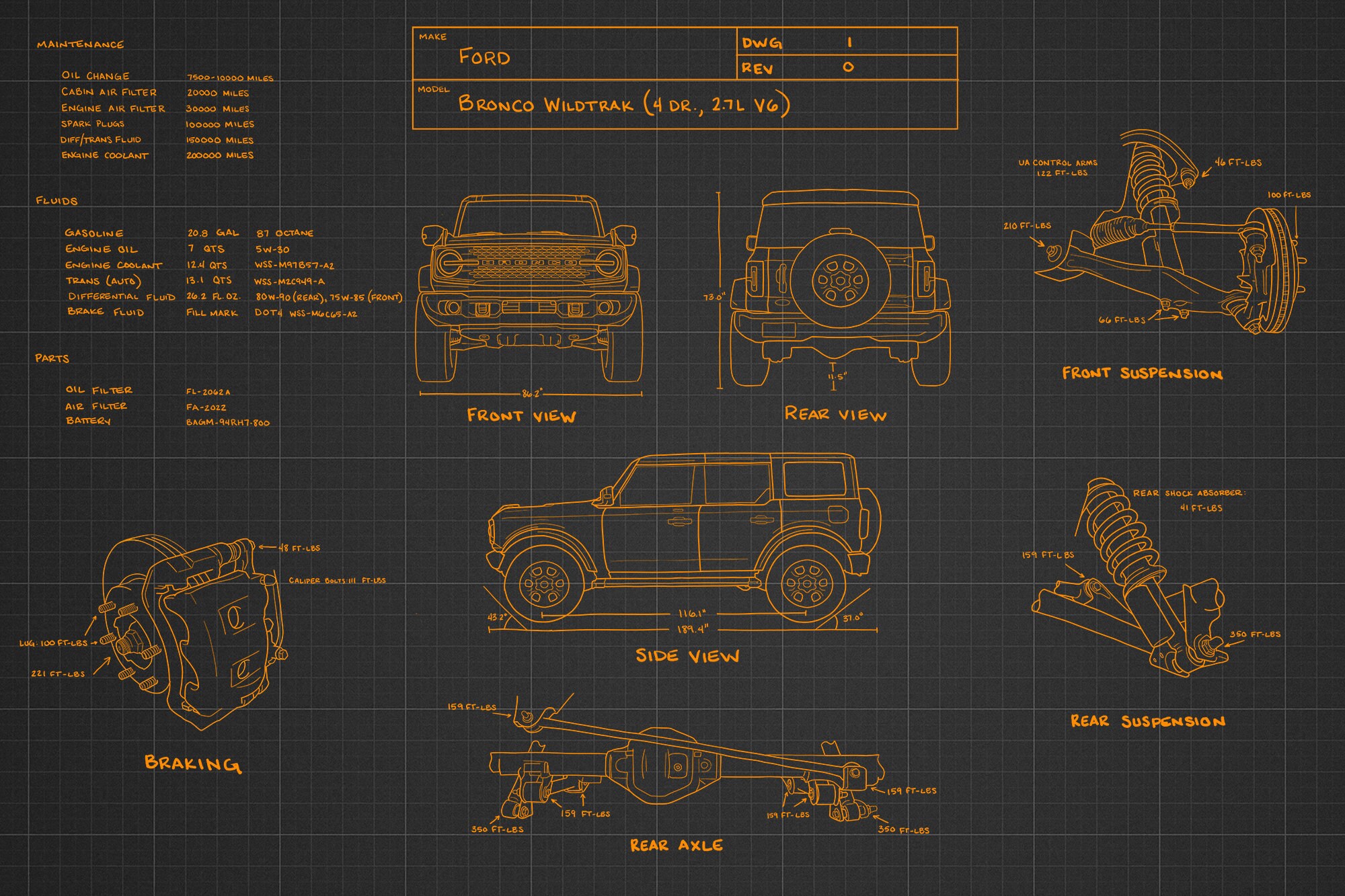 Ford Bronco Black/orange Custom Blueprint Poster 24x36 - Etsy