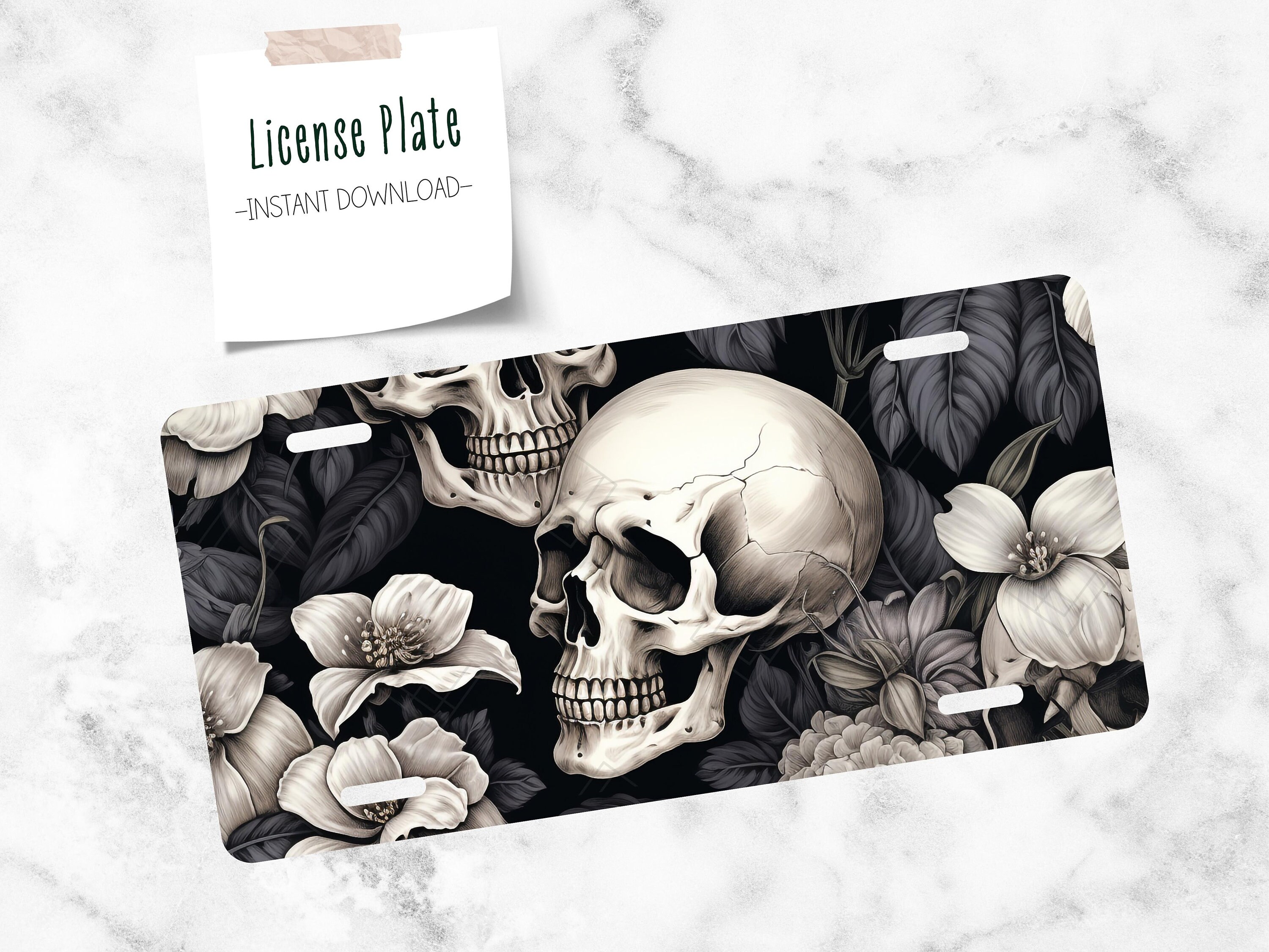 Skull License Plate PNG Printable Gothic Skull and Flowers - Etsy