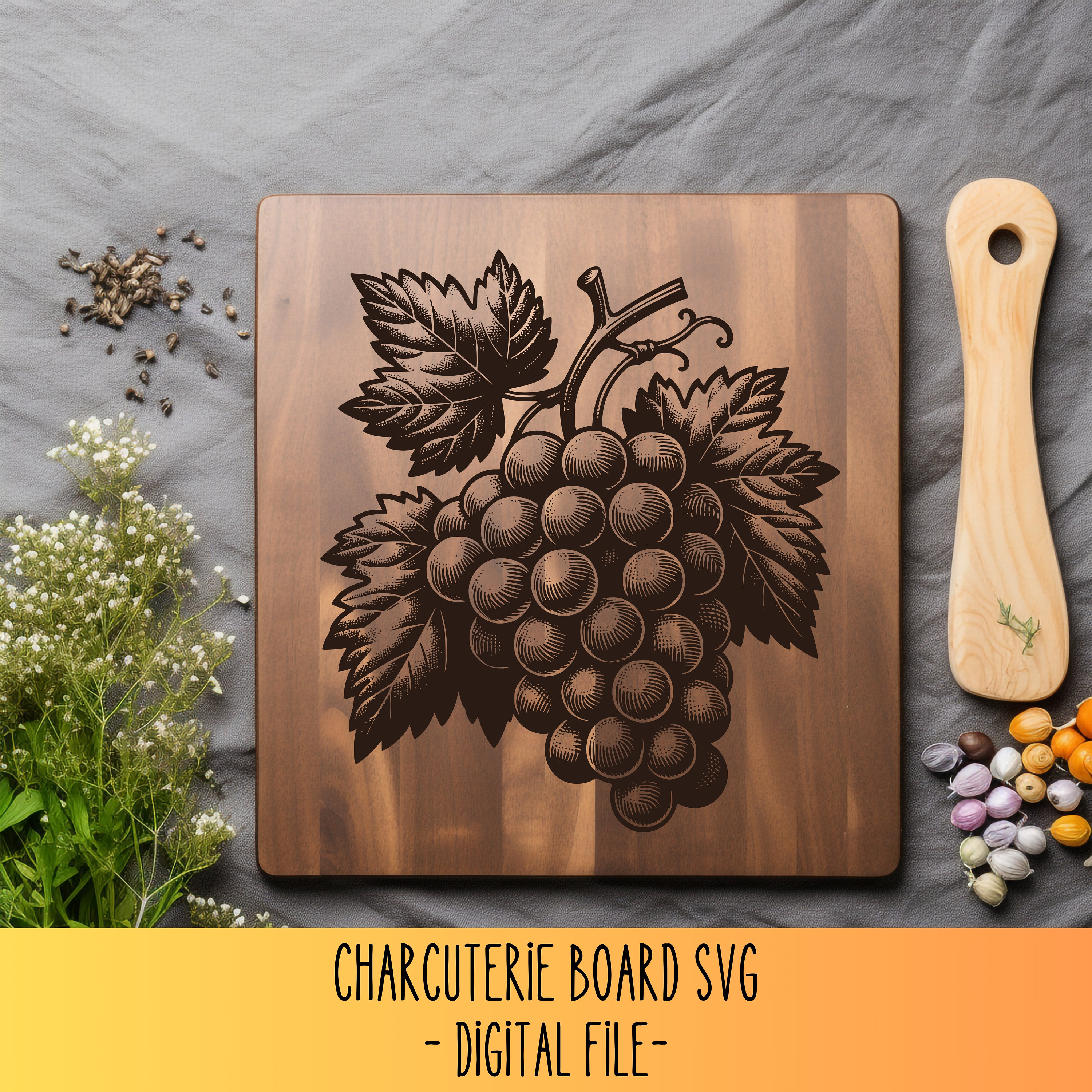 Grapes Charcuterie Board SVG, Cute Wine and Fruit Cutting Board Digital ...
