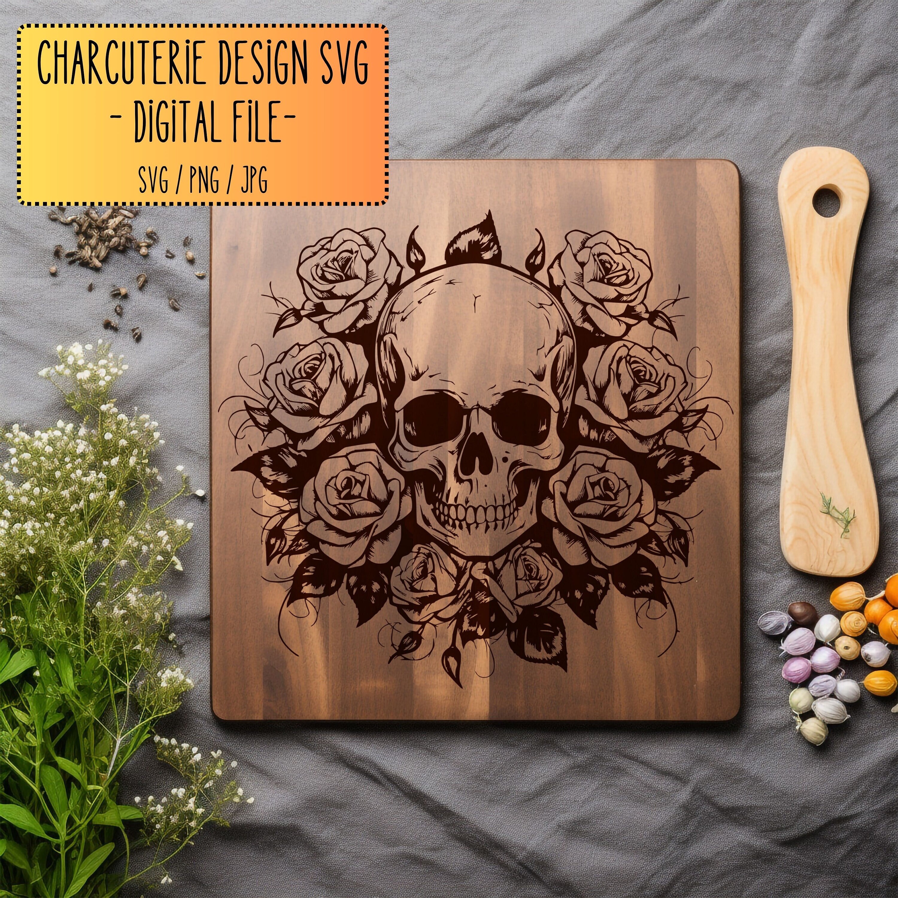 Skull and Roses SVG, Chopping Board PNG, Cutting Board Digital File ...