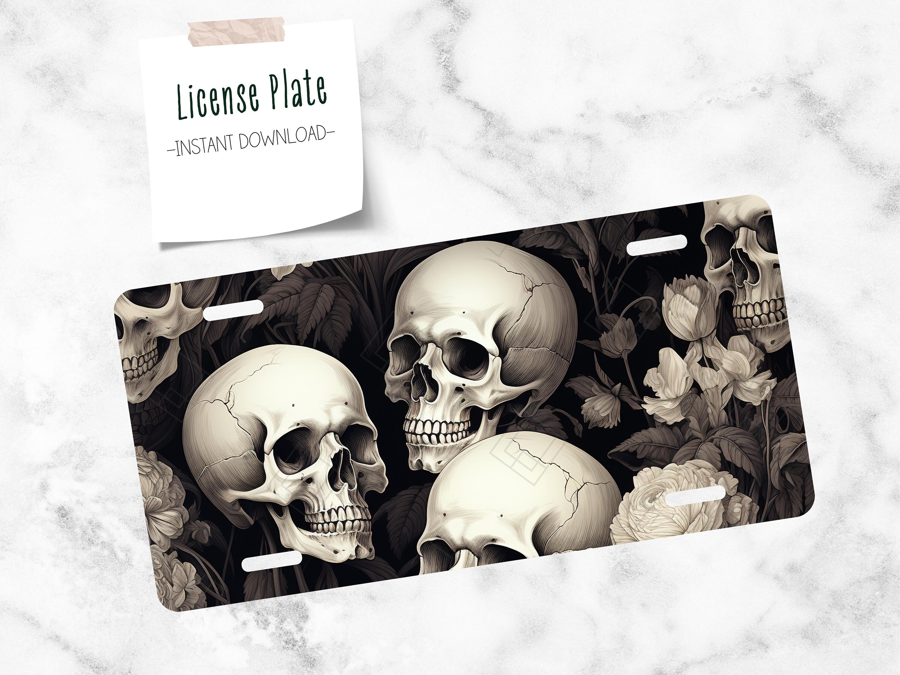 Skull License Plate PNG Printable Gothic Skull and Flowers - Etsy