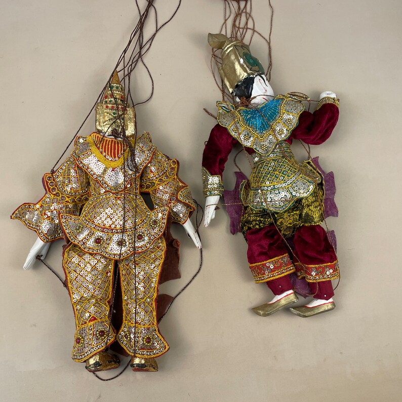 Vintage Indian Puppets Marionette Fabric Ceramic Face Handmade Wood ...