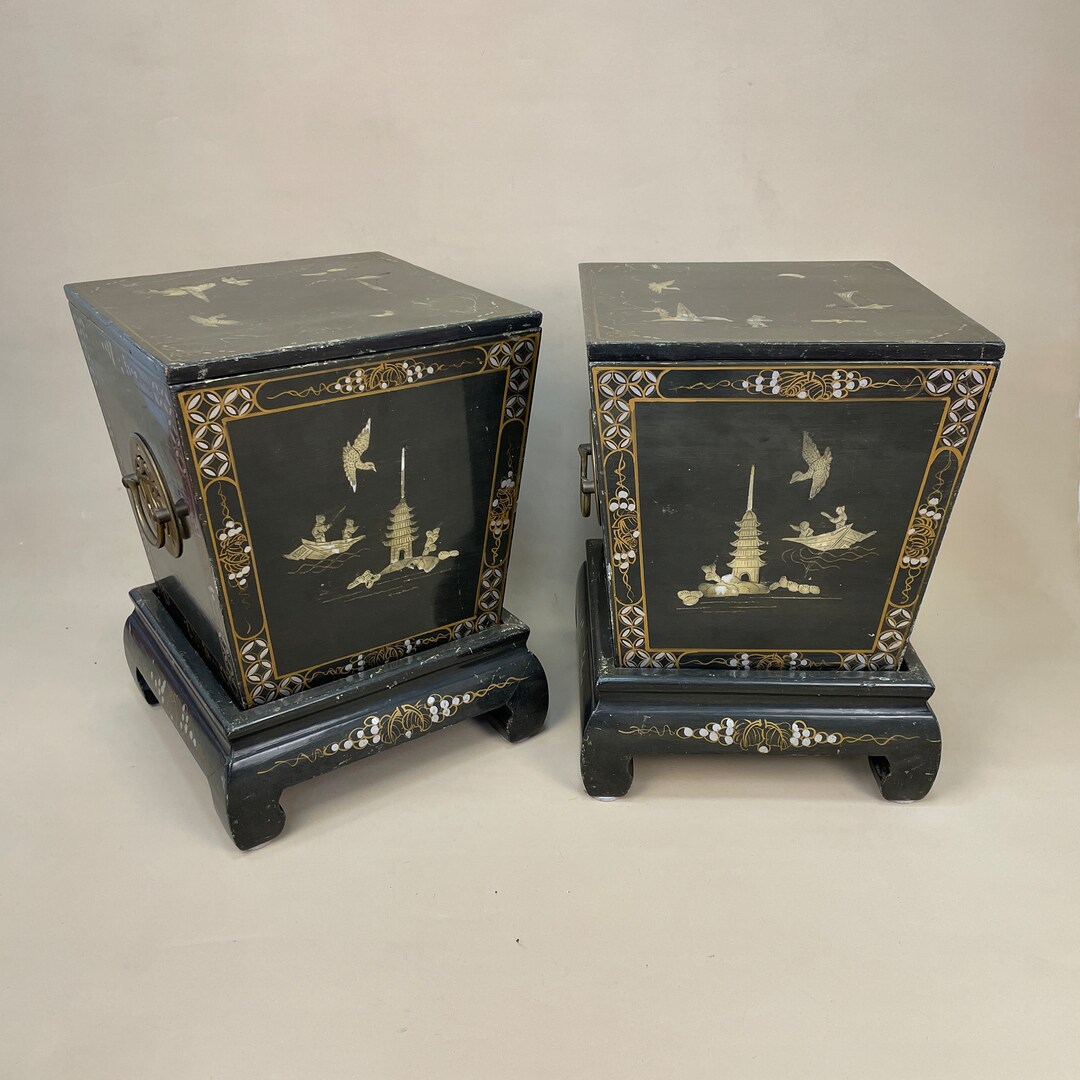 Pair of 2 Antique Oriental Boxes Planters Hand Painted Urn Brass Handles Wooden Plant Pot ...