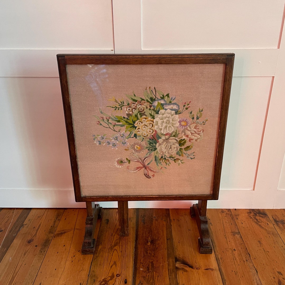 Antique Fireguard Fireplace Screen Wooden Frame Vintage Fire Guard Table Fold Down Floral ...