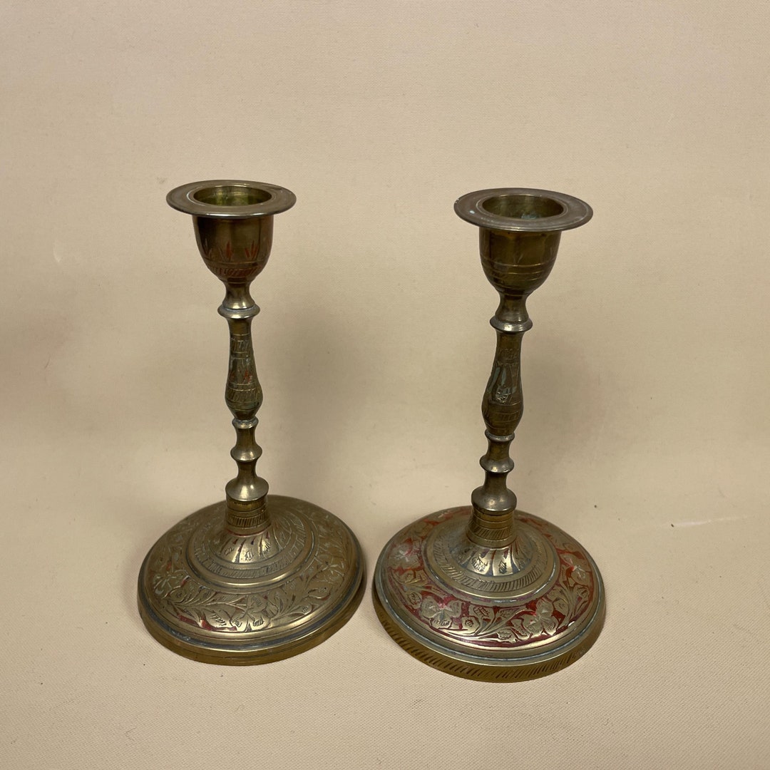 Antique Indian Matching Pair of Gold Brass Metal Candlestick Candle ...