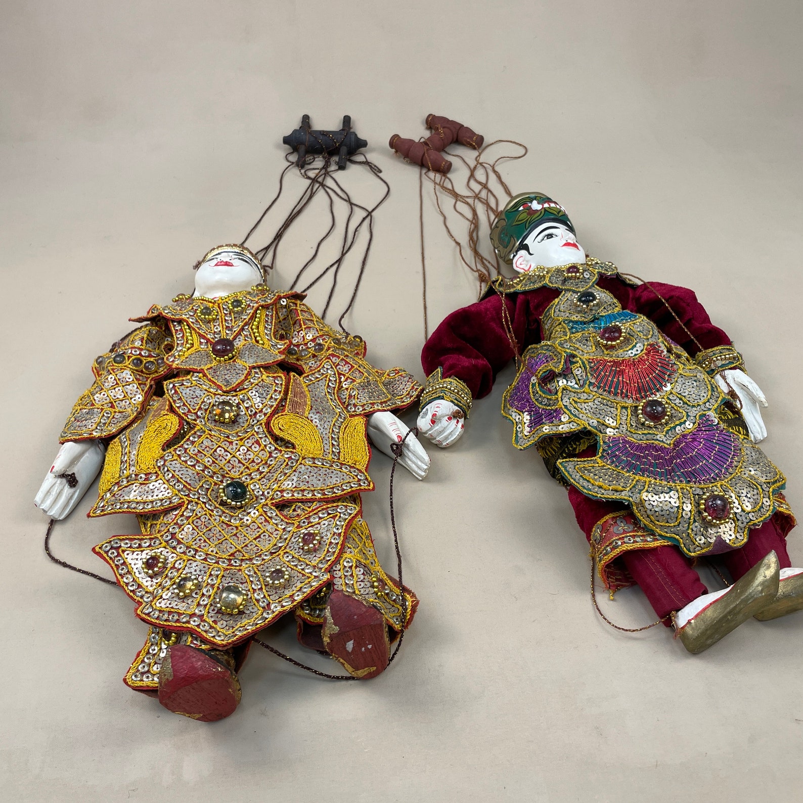 Vintage Indian Puppets Marionette Fabric Ceramic Face Handmade Wood ...