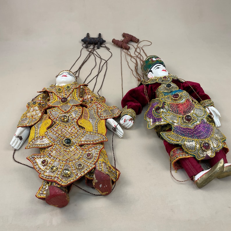 Vintage Indian Puppets Marionette Fabric Ceramic Face Handmade Wood ...