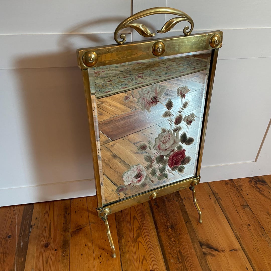 Antique Mirrored Fire Screen Fireguard Gold Brass Metal Surround Hand ...