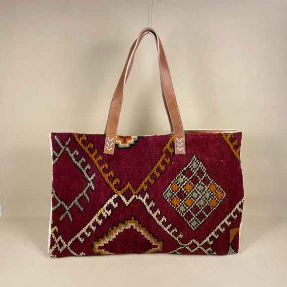 Vintage Carpet Bag Large Weekend Shoulder Tote Leathe… - Gem