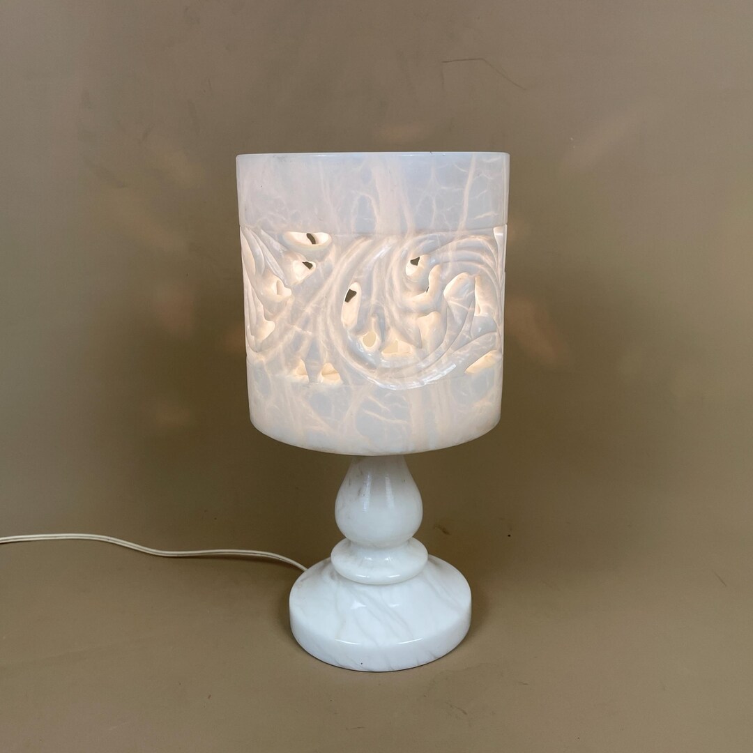 Antique Alabaster Onyx Marble Lamp Light White Bedside Side Table Desk ...