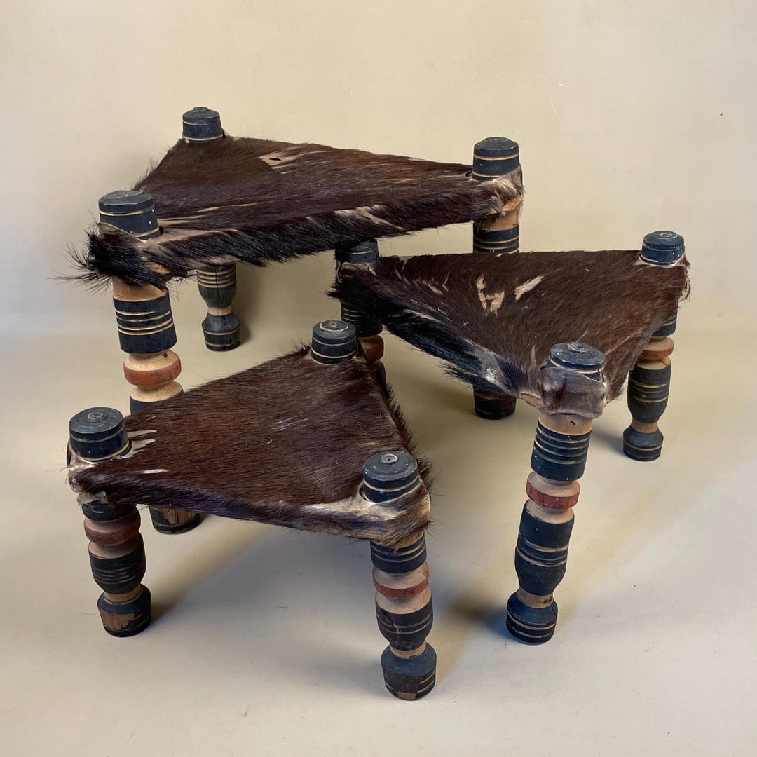 3 Antique African Triangular Tables Stools Cow Hide Leather Wooden Legs ...