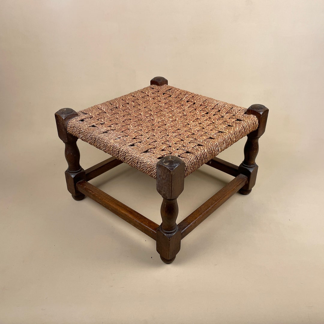 Antique Wooden Stool Woven Natural String Wood Cottage Furniture Square ...
