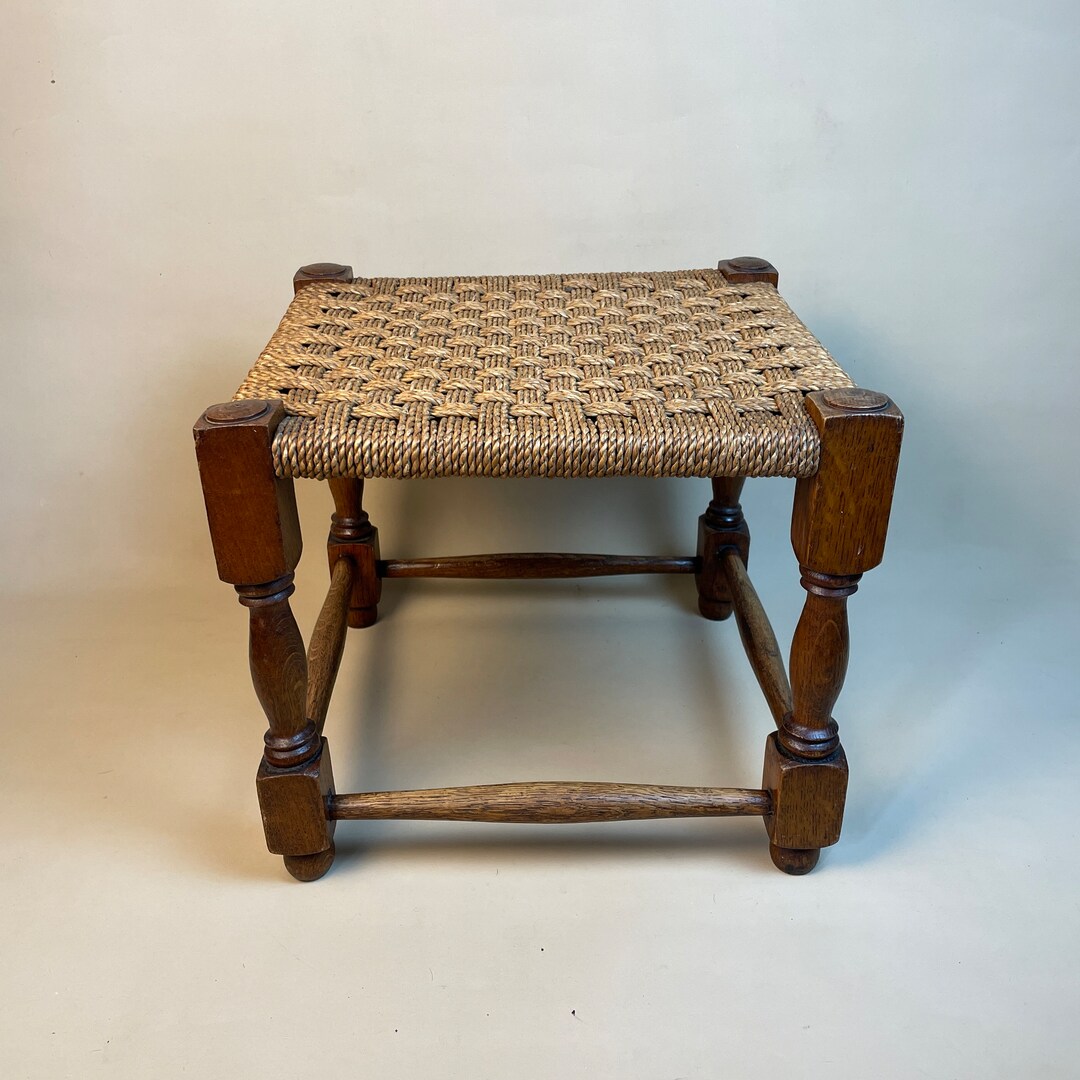 Antique Wooden Stool Woven Natural String Wood Cottage Furniture Brown ...