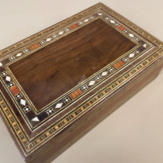 Vintage Marquetry Box Wooden Inlay Mosaic Pattern Tri… - Gem