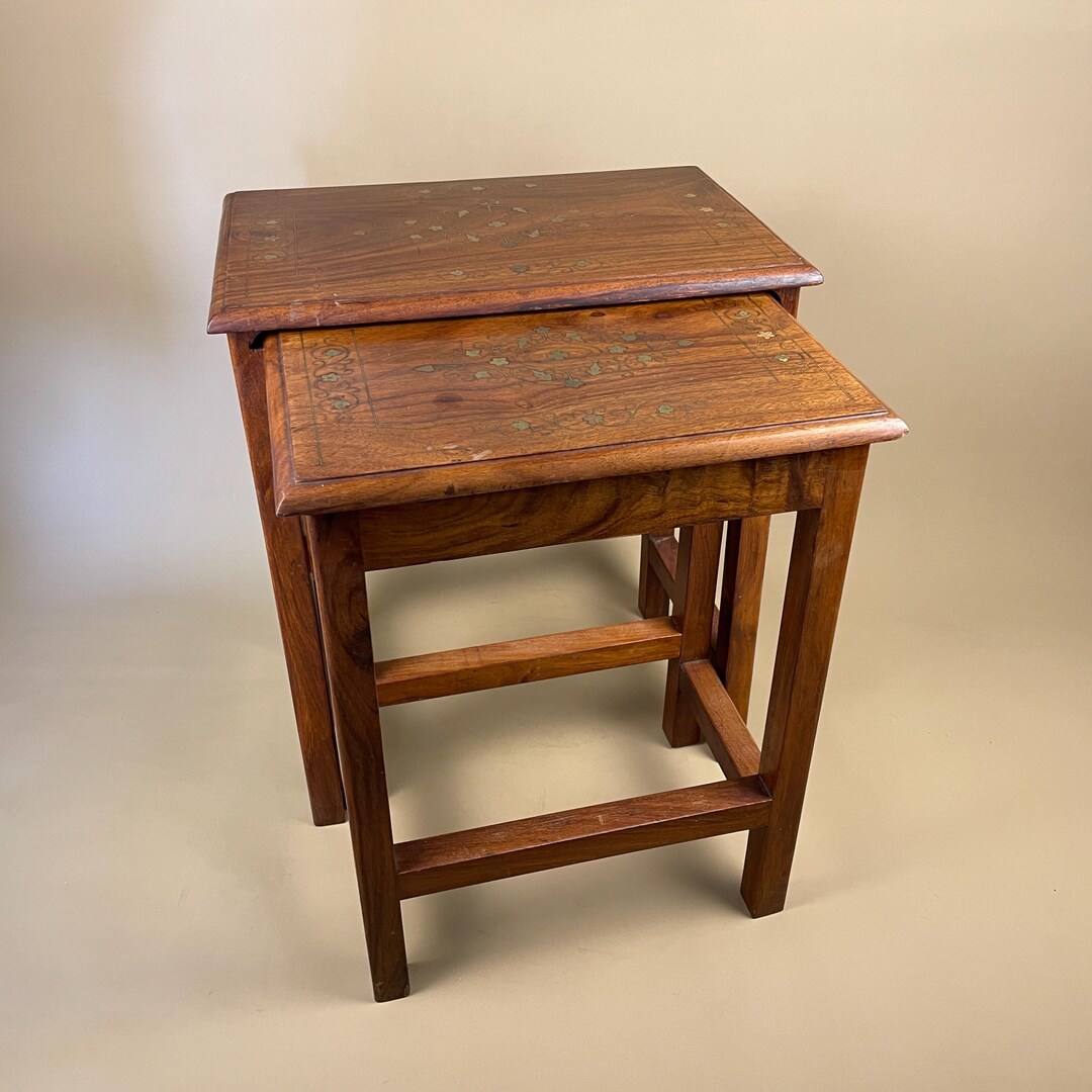 Antique Nest of 2 Indian Wooden Tables Plant Stands Wood Gold Inlay ...