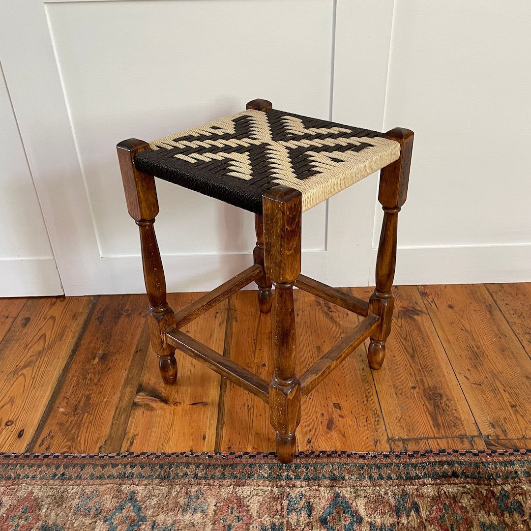 Antique Wooden Stool Woven Natural String Wood Cottage Furniture Square ...