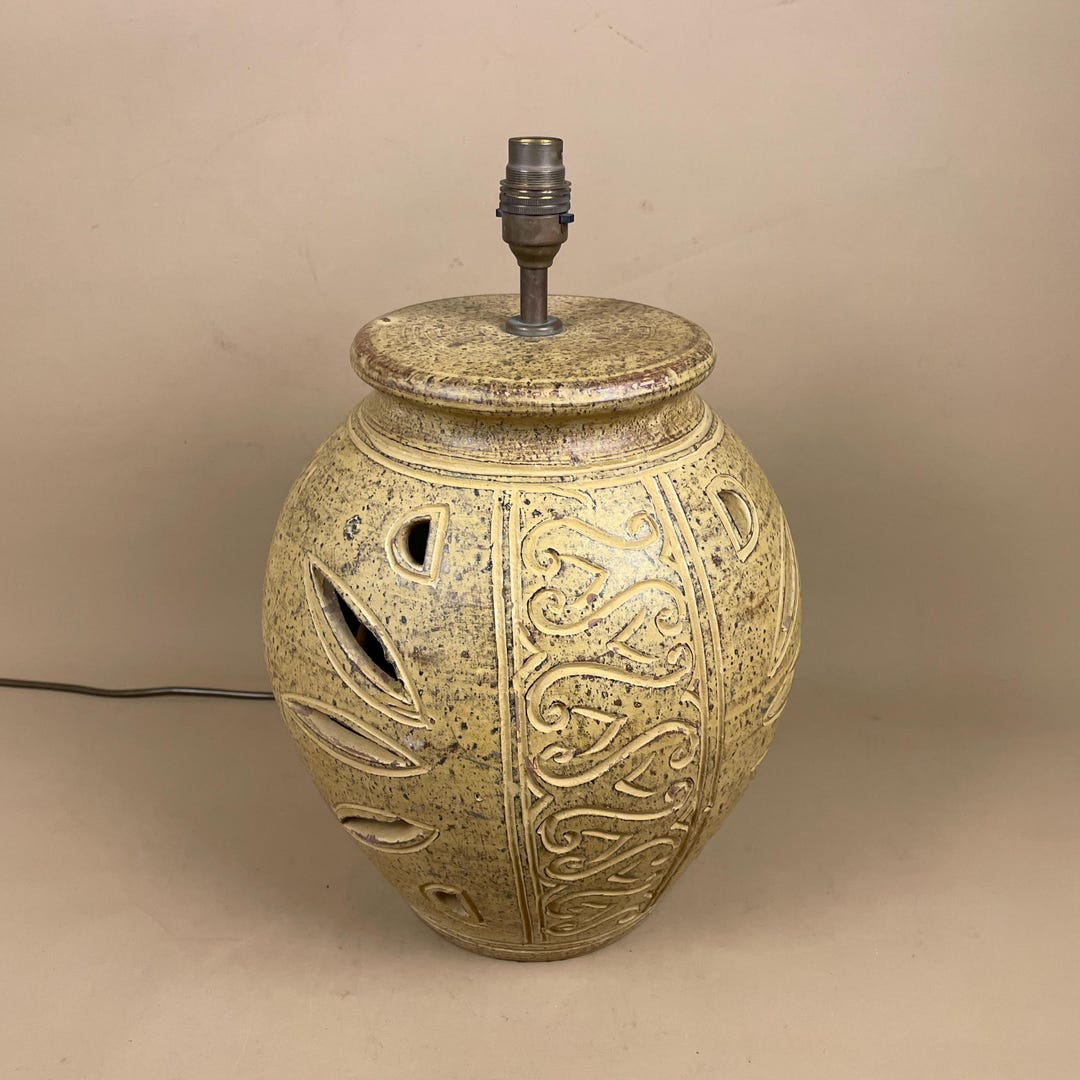 Ceramic Clay Patterned Studio Pottery Lamp Bedside Table Light Round ...
