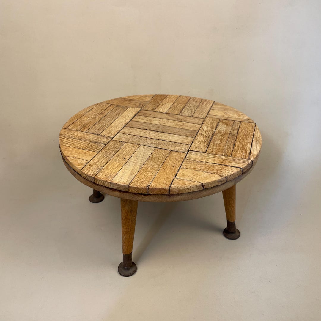 Retro Wooden Plant Stand Parquet Top Round Circle Small Table Vintage ...