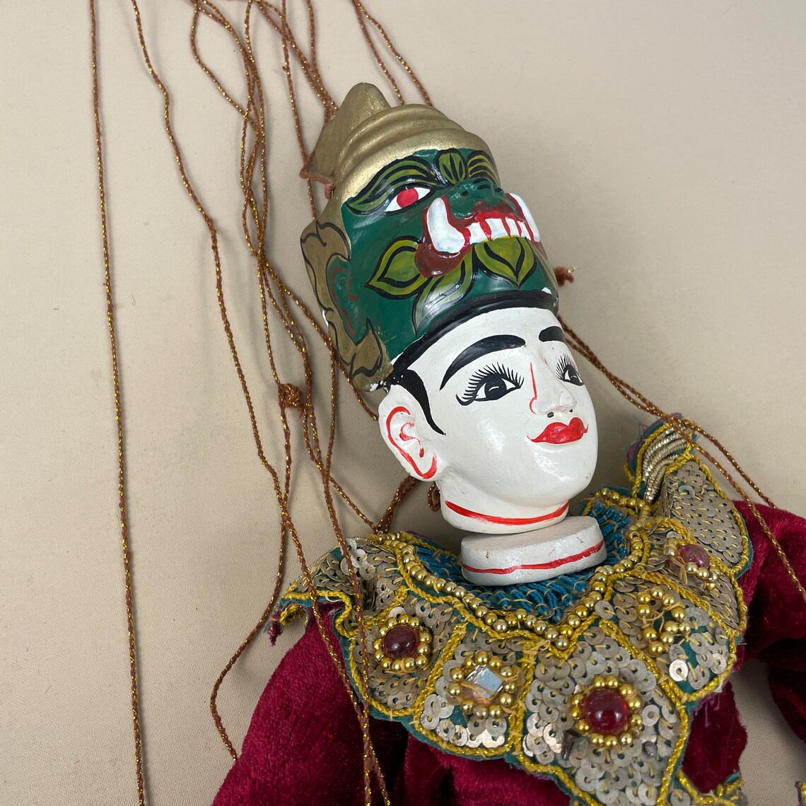 Vintage Indian Puppets Marionette Fabric Ceramic Face Handmade Wood ...