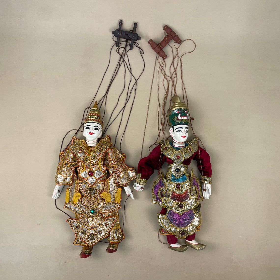 Vintage Indian Puppets Marionette Fabric Ceramic Face Handmade Wood ...