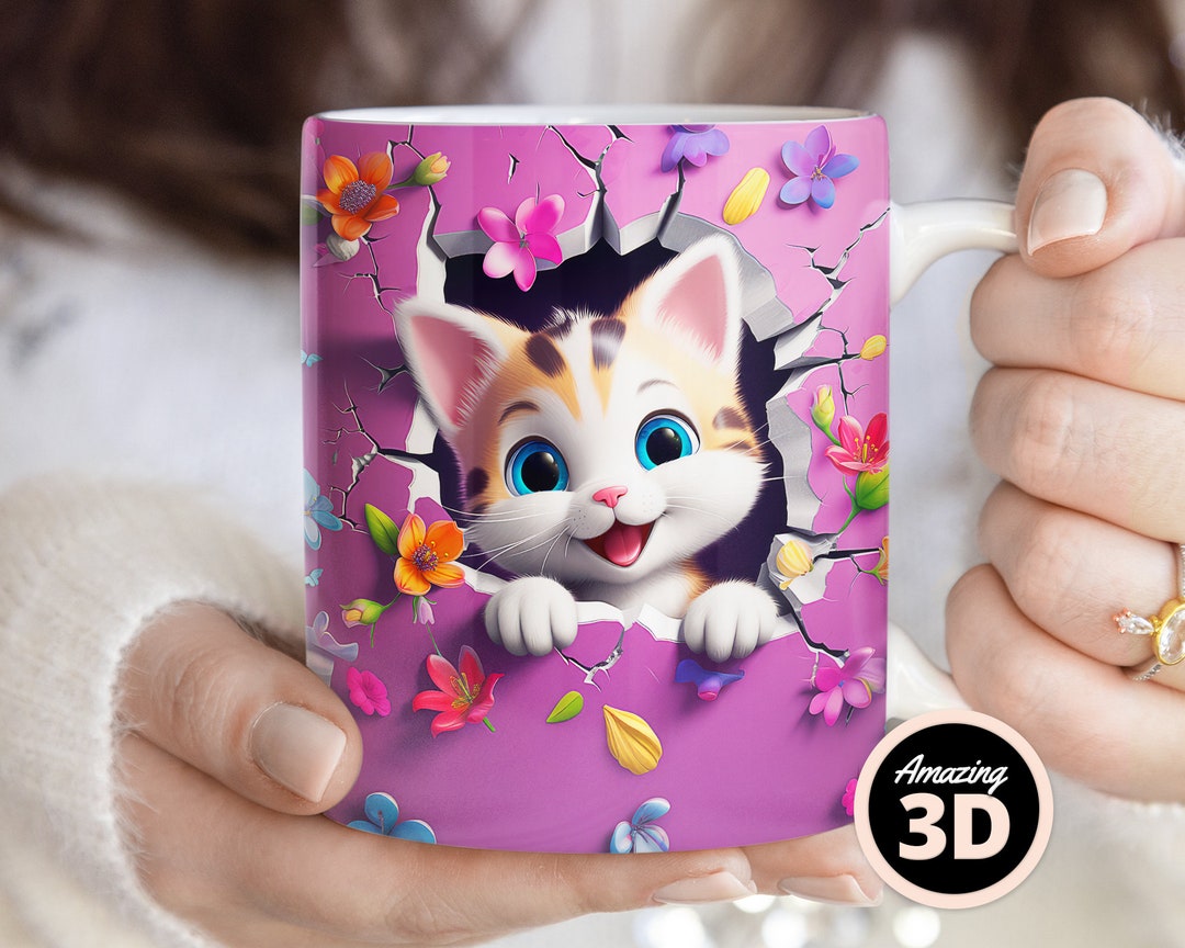 3D Cute Cat Mug Design, Sublimation Designs, 3D Mug Wrap, 11 Oz and 15 ...