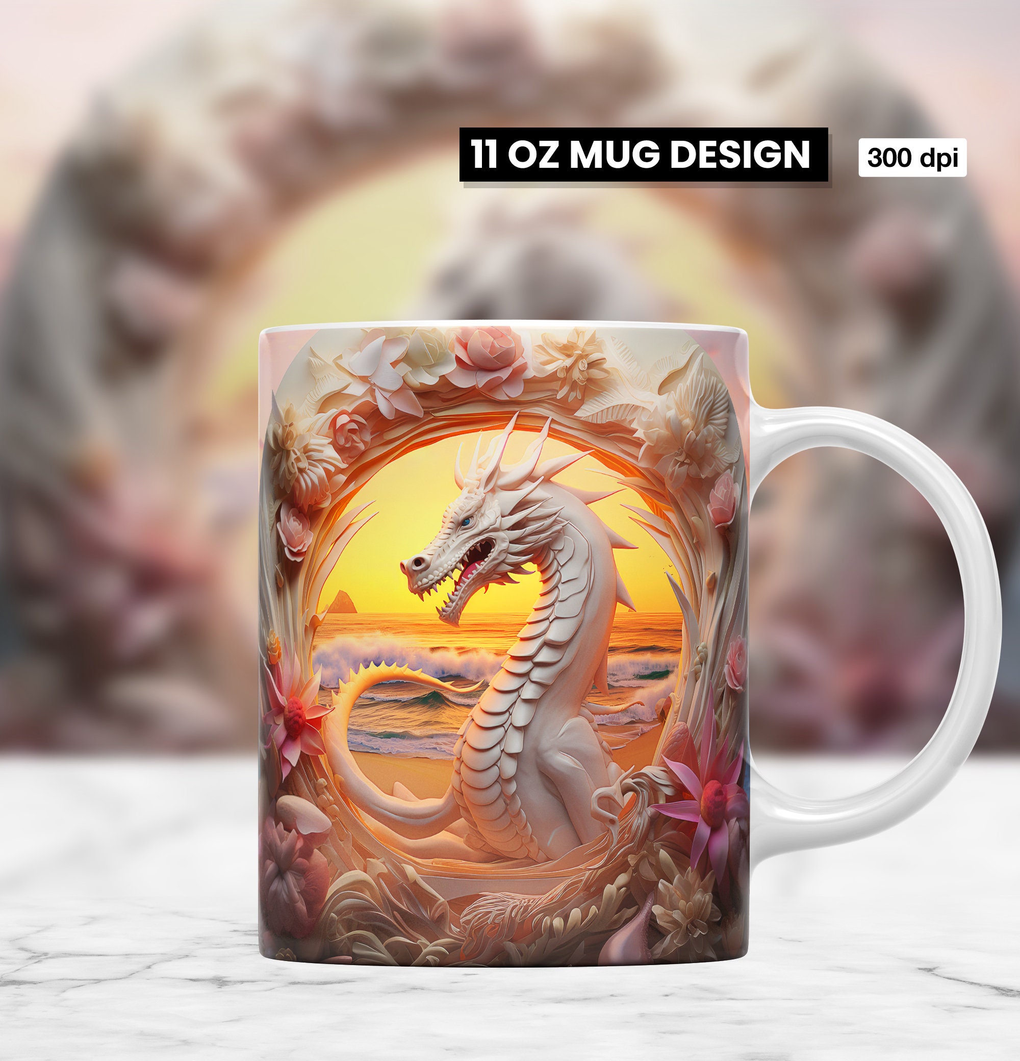 3D White Dragon Mug Wrap PNG, 3D Mug Wrap, 11oz and 15oz Mug ...