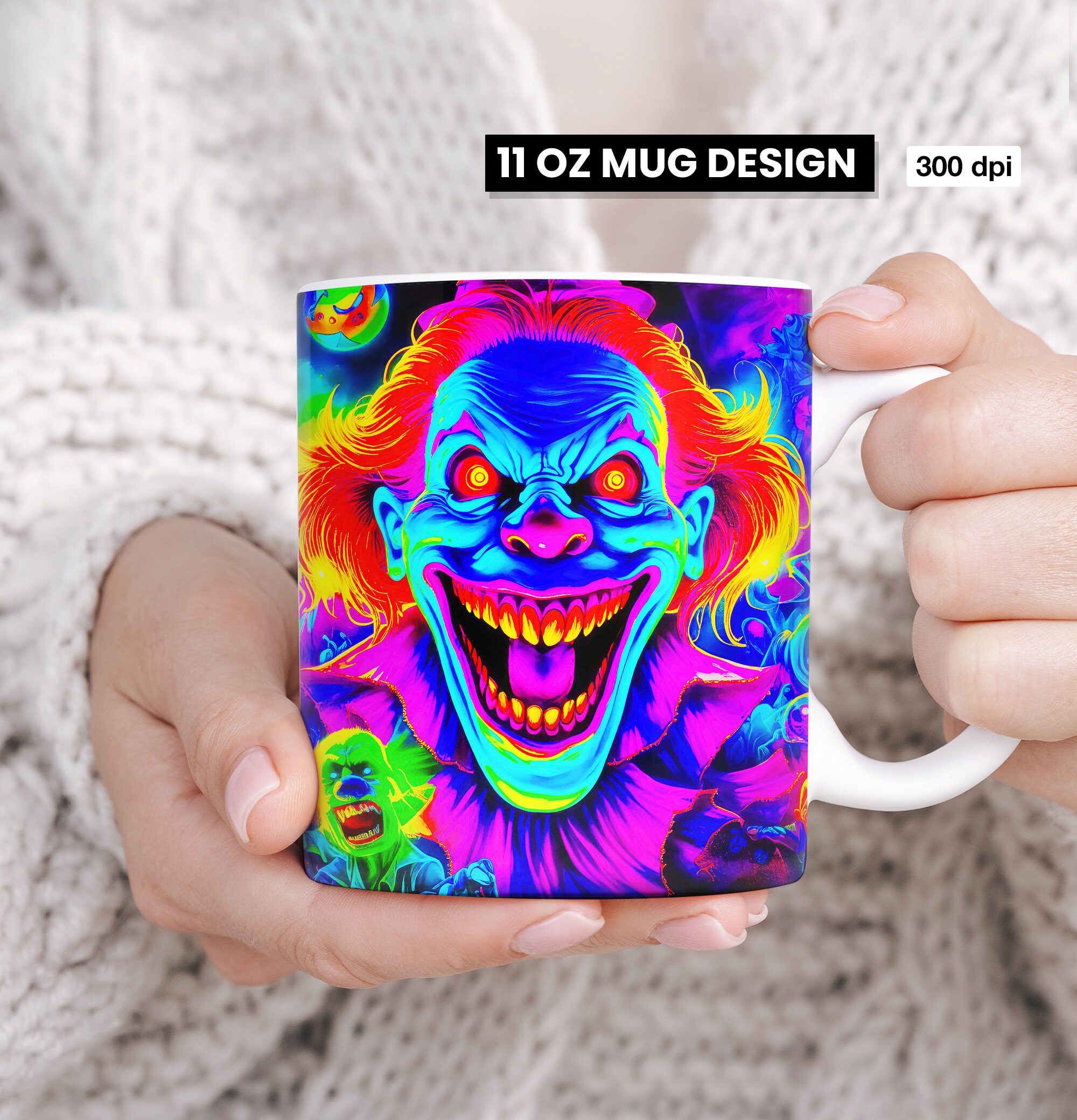 Neon Clown Mug Design, Sublimation Designs, Halloween Mug Wrap, 11 Oz ...