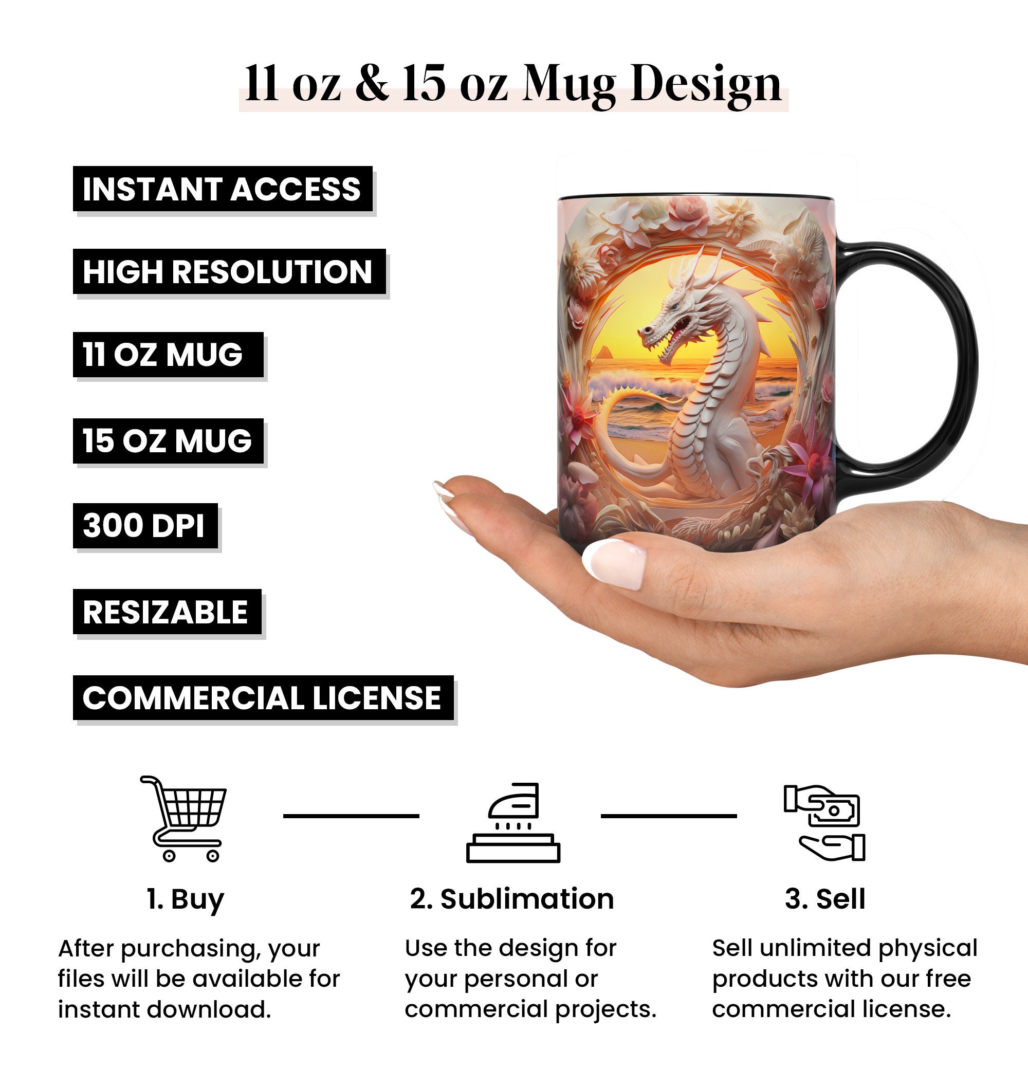 3D White Dragon Mug Wrap PNG, 3D Mug Wrap, 11oz and 15oz Mug ...