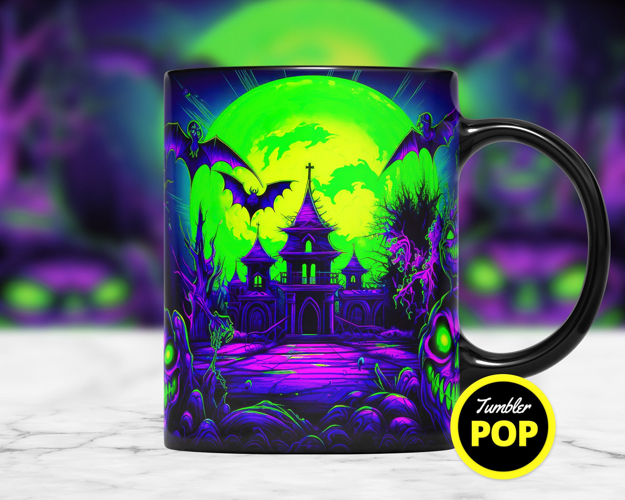 Glowing Neon Haunted House Mug Wrap Sublimation Designs - Etsy