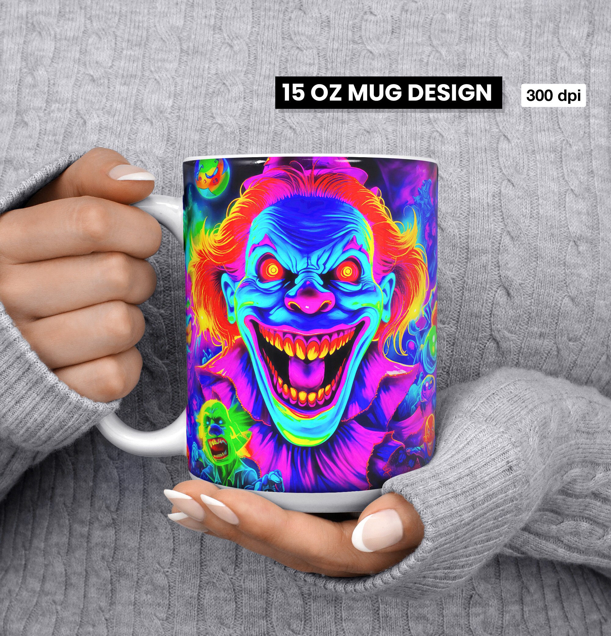 Neon Clown Mug Design, Sublimation Designs, Halloween Mug Wrap, 11 Oz ...