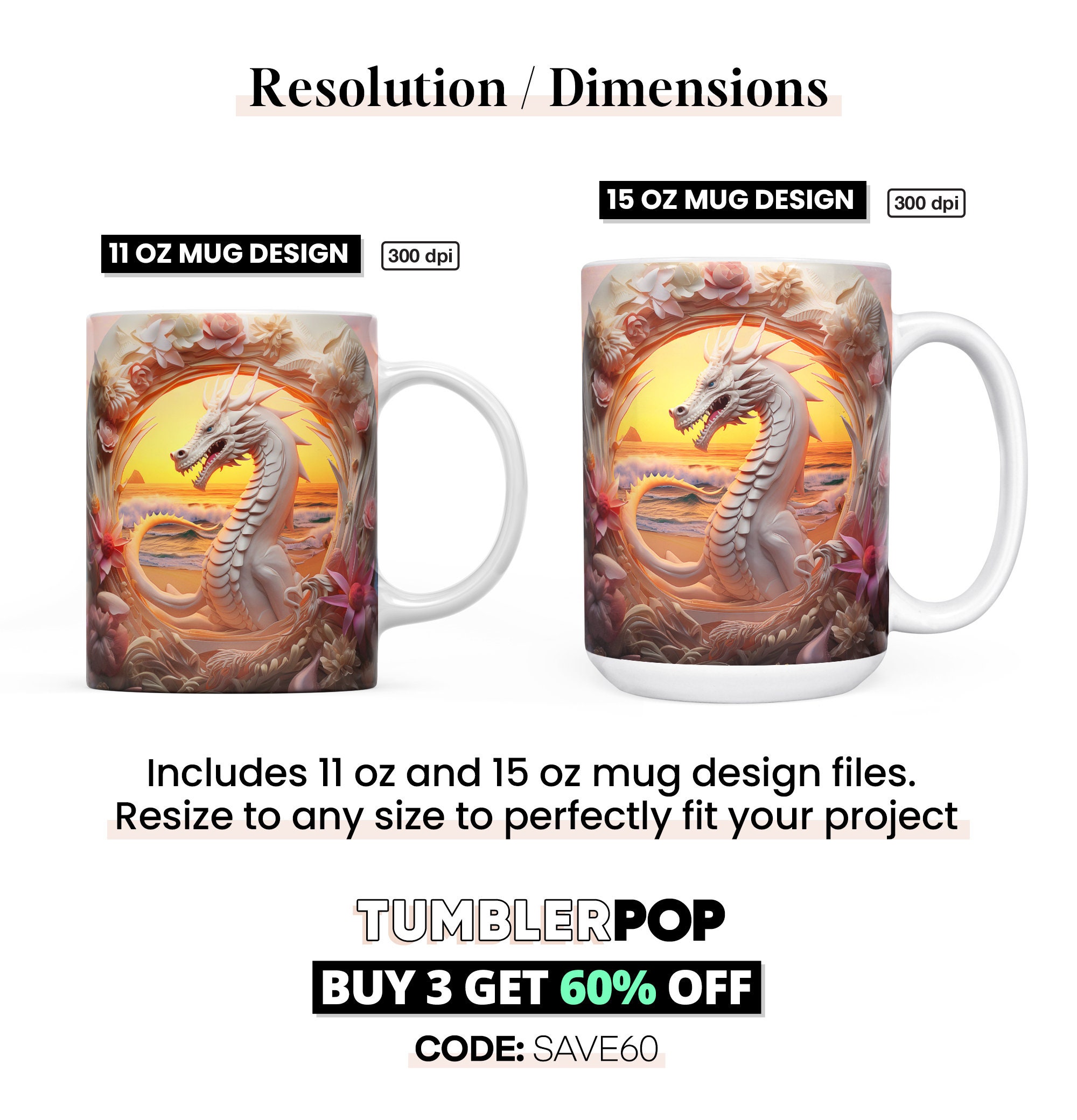 3D White Dragon Mug Wrap PNG, 3D Mug Wrap, 11oz and 15oz Mug ...