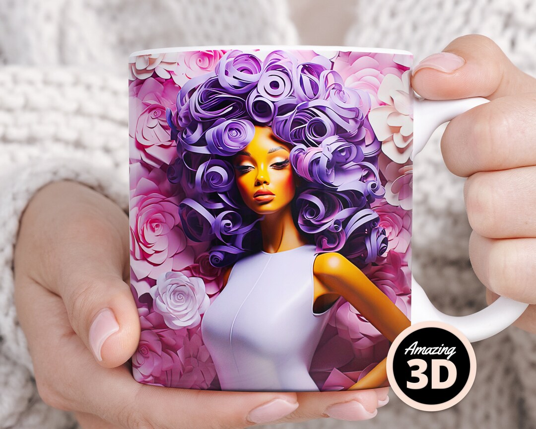 3D Black Woman Mug Design, Sublimation Designs, Afro Queen, Pink Floral ...